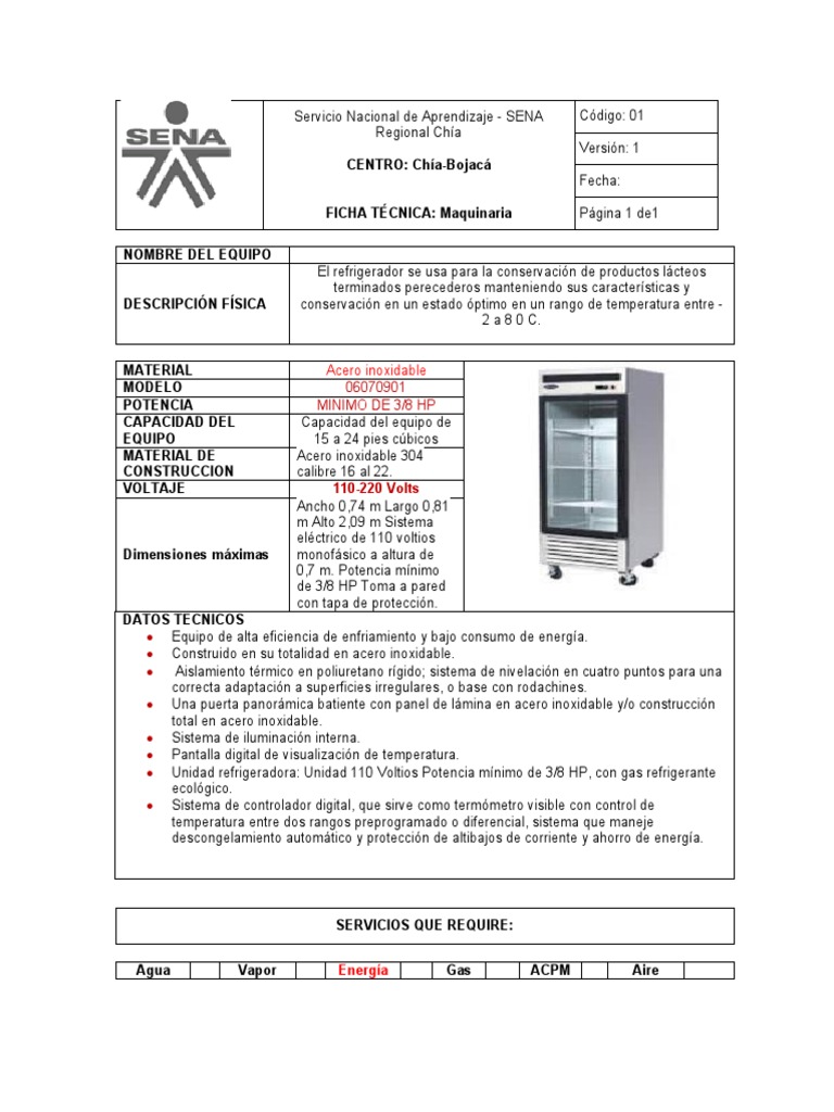 Fichas Tecnicas REFRIGERADOR INDUSTRIAL | PDF | Acero | Cantidades fisicas