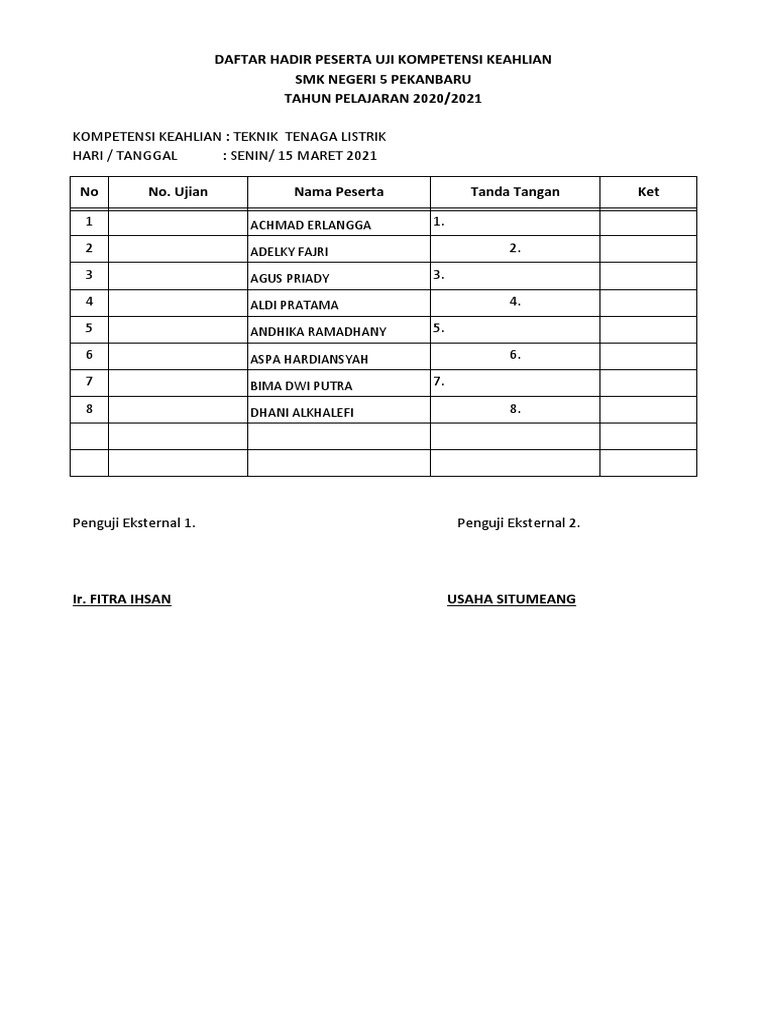 Daftar Hadir UKK TTL 2020 - 2021 | PDF