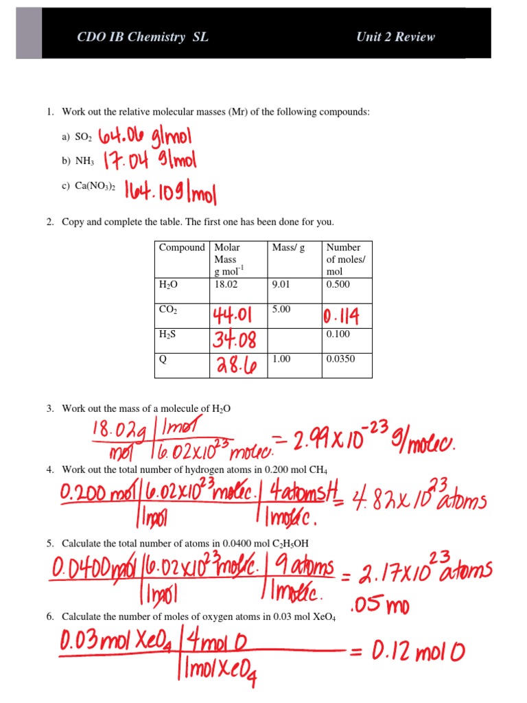 CDO IB Chemistry SL Unit 2 Review | PDF | Mole (Unit) | Molecules