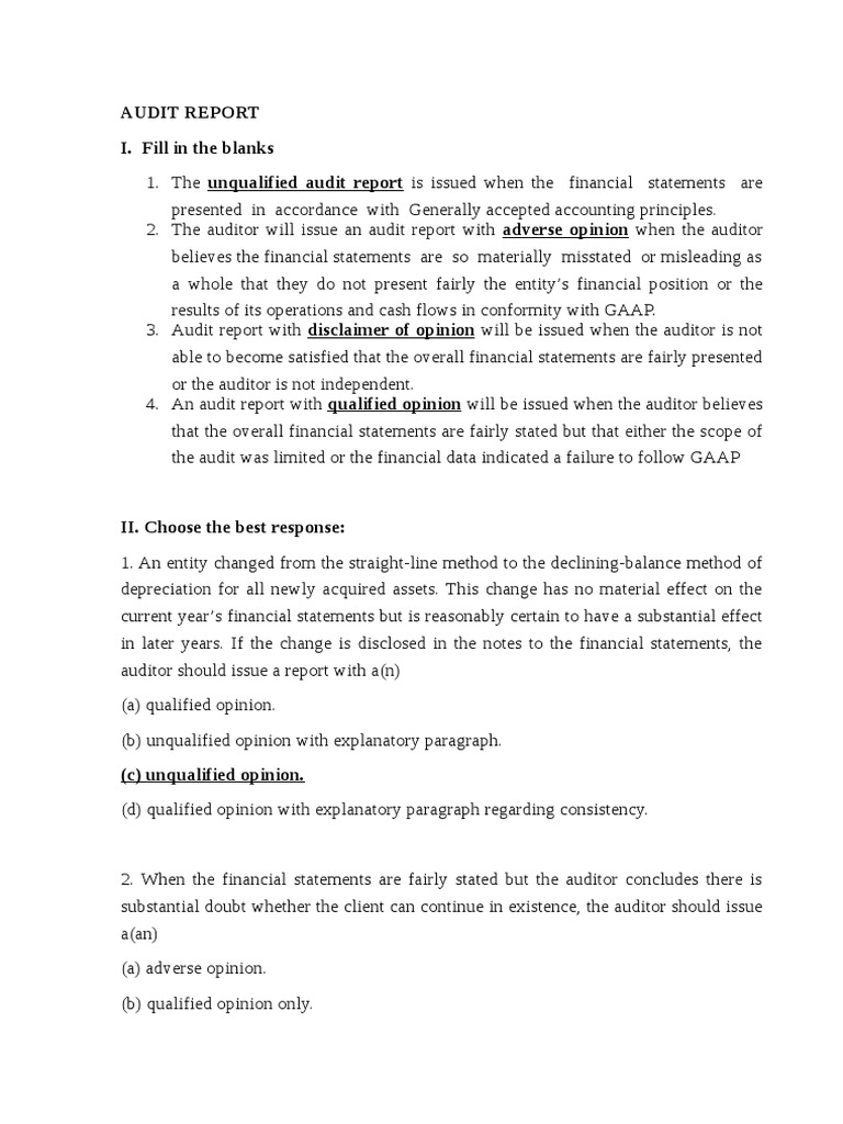 Audit Report I. Fill in The Blanks | PDF | Financial Audit | Auditor's ...
