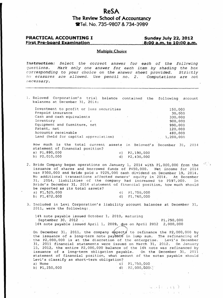 Resa Oct 2012 Pract 1 First Preboard W Answers PDF | PDF | Debits And ...