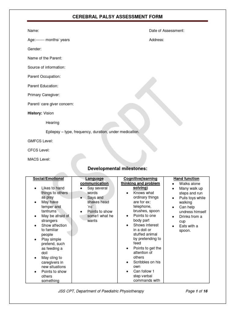 Cerebral Palsy Assessment Form: History: Vision | PDF | Anatomical ...