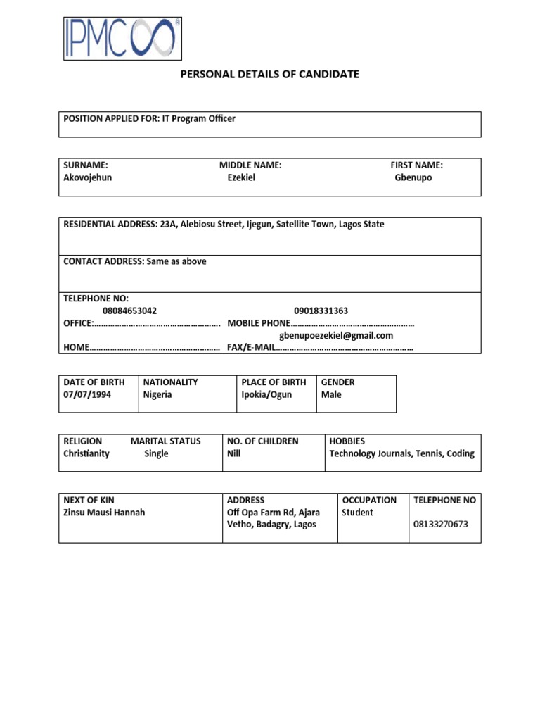 IPMC Personal Detail Form - IT Program Officer | PDF | Cisco Certifications