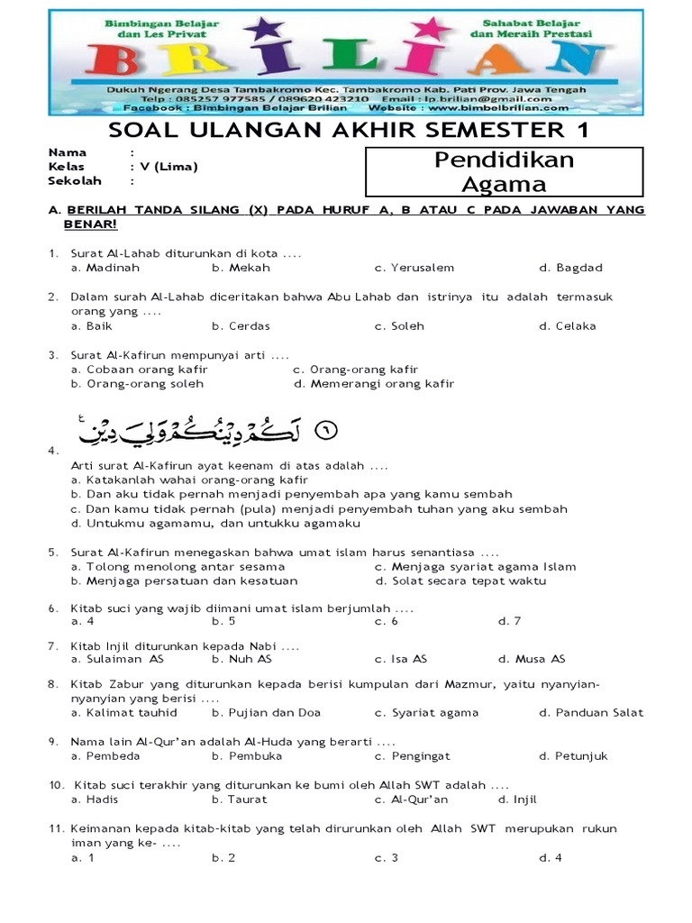 Soal UAS PAI Kelas 5 SD Semester 1 Ganjil Dan Kunci Jawaban WWW Bimbelbrilian Com | PDF