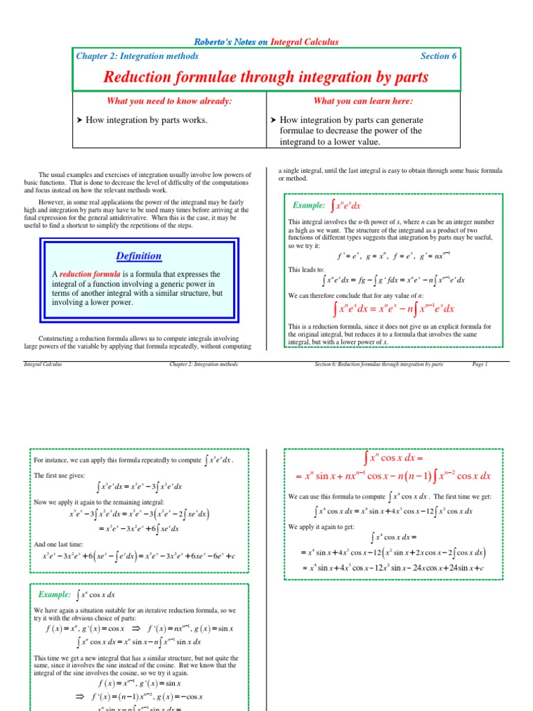 I2 6 Reduction Formulae Through Integration By Parts Pdf Integral