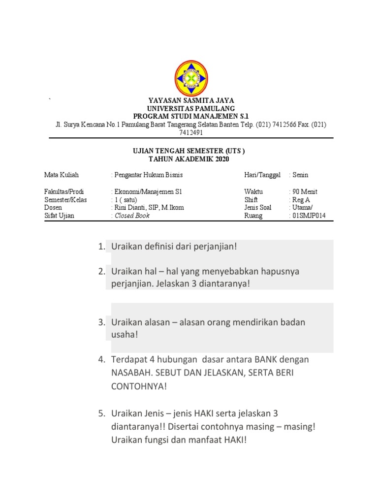 UTS PHB Reg A Kls 014 2020 | PDF