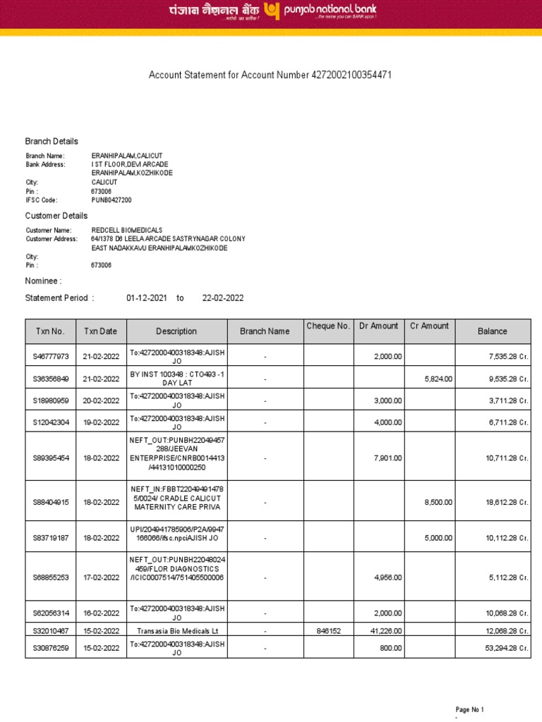 Account Statement For Account Number 4272002100354471: Branch Details ...