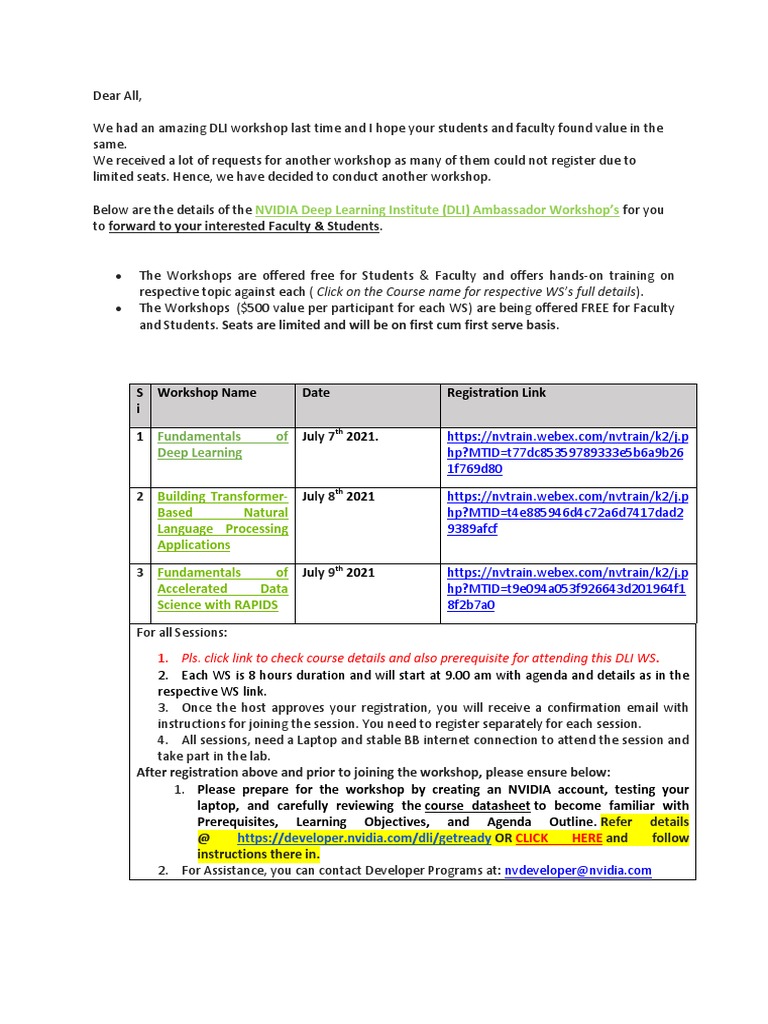 NVIDIA Deep Learning Institute (DLI) Ambassador Workshop's | PDF | Computers