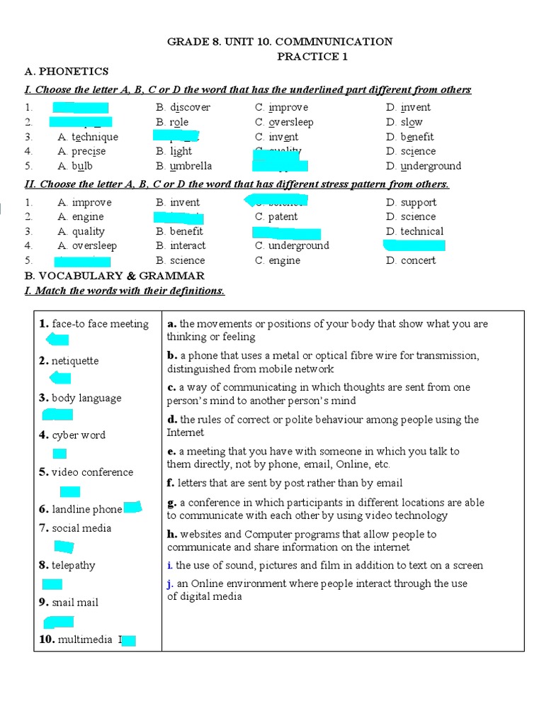 Grade 8 Unit 10 Practice 1. HS | PDF | Communication | Nonverbal ...