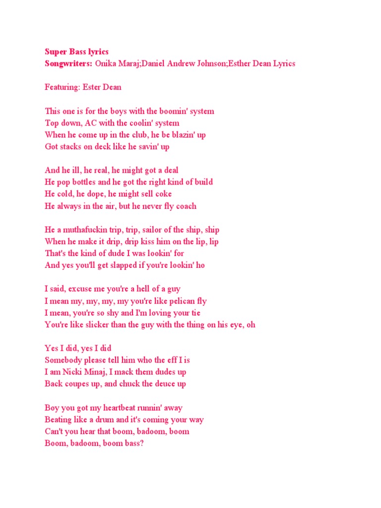 Super Bass Lyrics Songwriters: Onika Maraj Daniel Andrew Johnson Esther ...