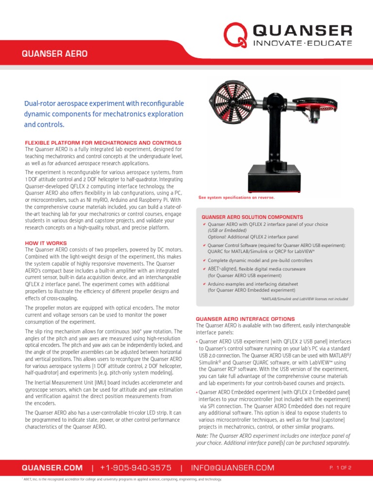 Quanser AERO Data Sheet | PDF | Embedded System | Usb