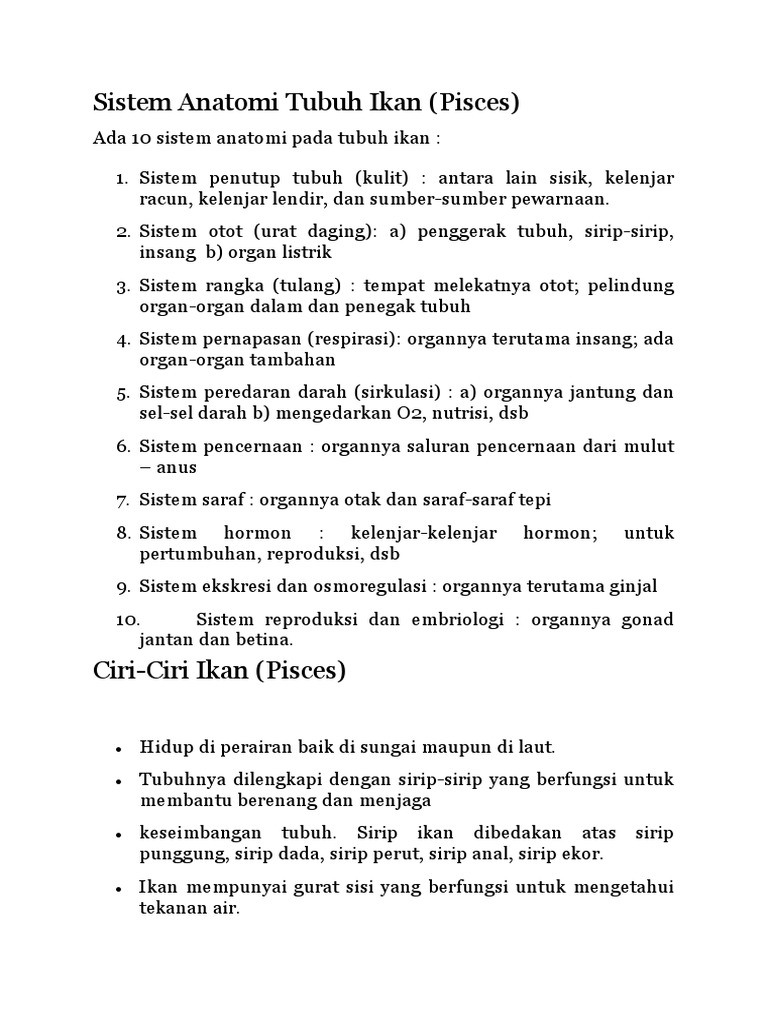 Sistem Anatomi Tubuh Ikan (Pisces) | PDF