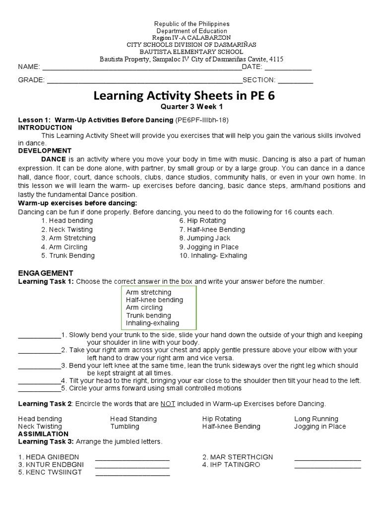 Learning Activity Sheets in PE 6: Quarter 3 Week 1 | PDF | Dances