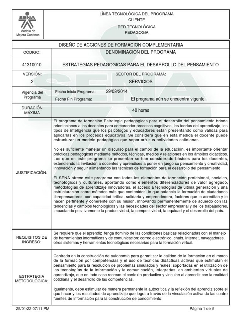 Informe Programa de Formación Complementaria | PDF | Plan de estudios | Aprendizaje