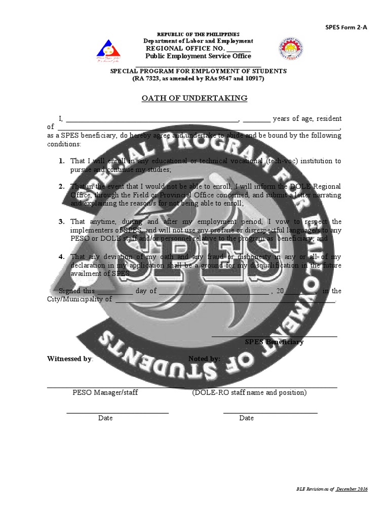 Spes Form 2-A - Oath of Undertaking | PDF | Justice | Crime & Violence