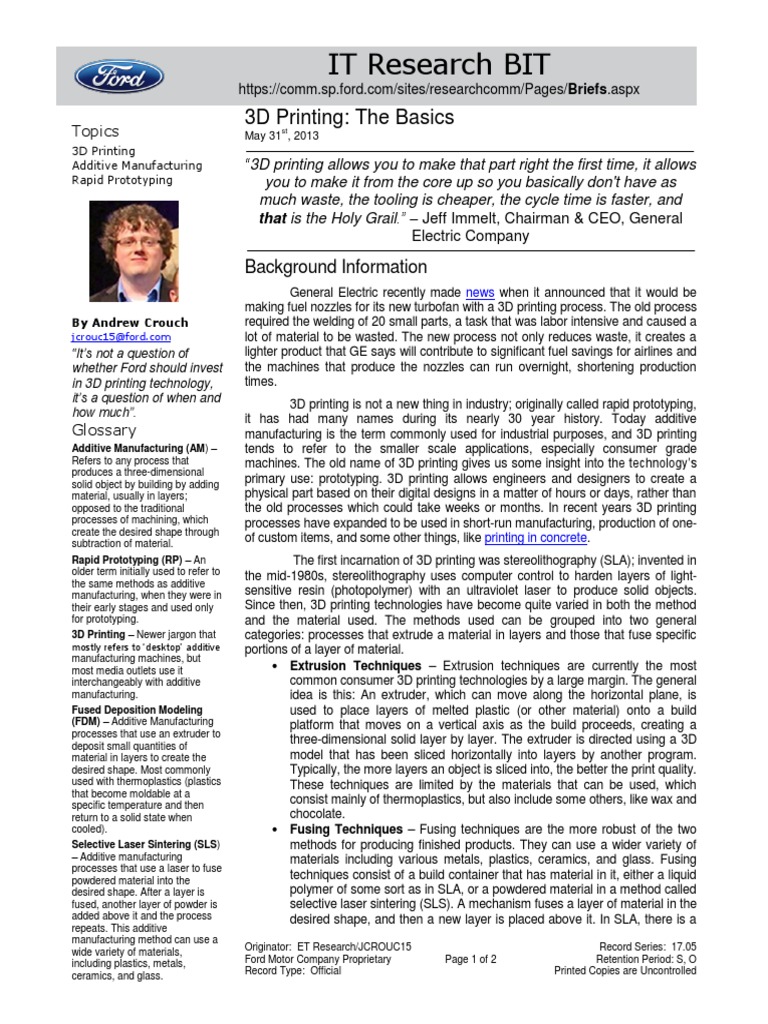 IT Research BIT: 3D Printing: The Basics | PDF | 3 D Printing ...