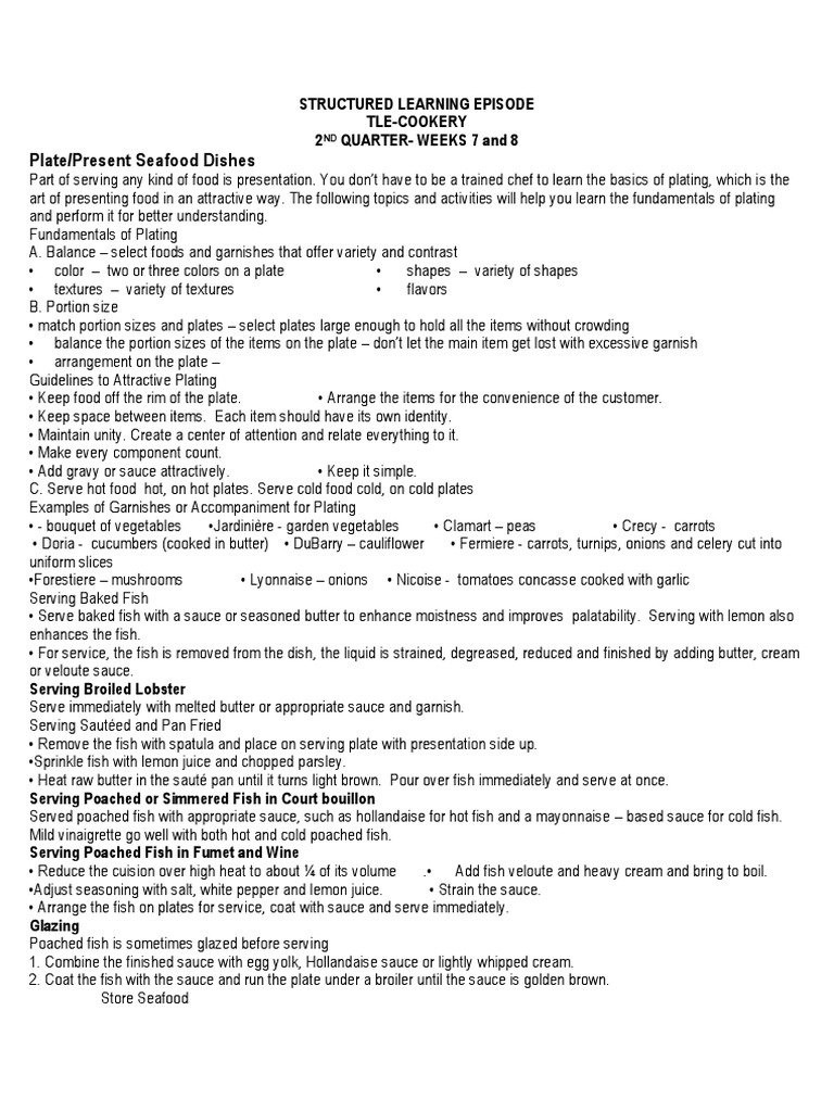Plate/Present Seafood Dishes: Structured Learning Episode Tle-Cookery 2 Quarter-Weeks 7 and 8 ...
