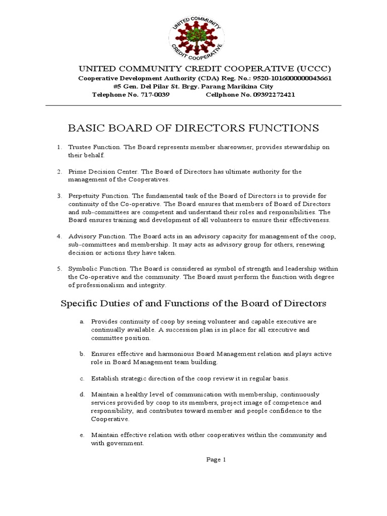 Basic Board of Directors Functions | PDF | Cooperative | Board Of Directors