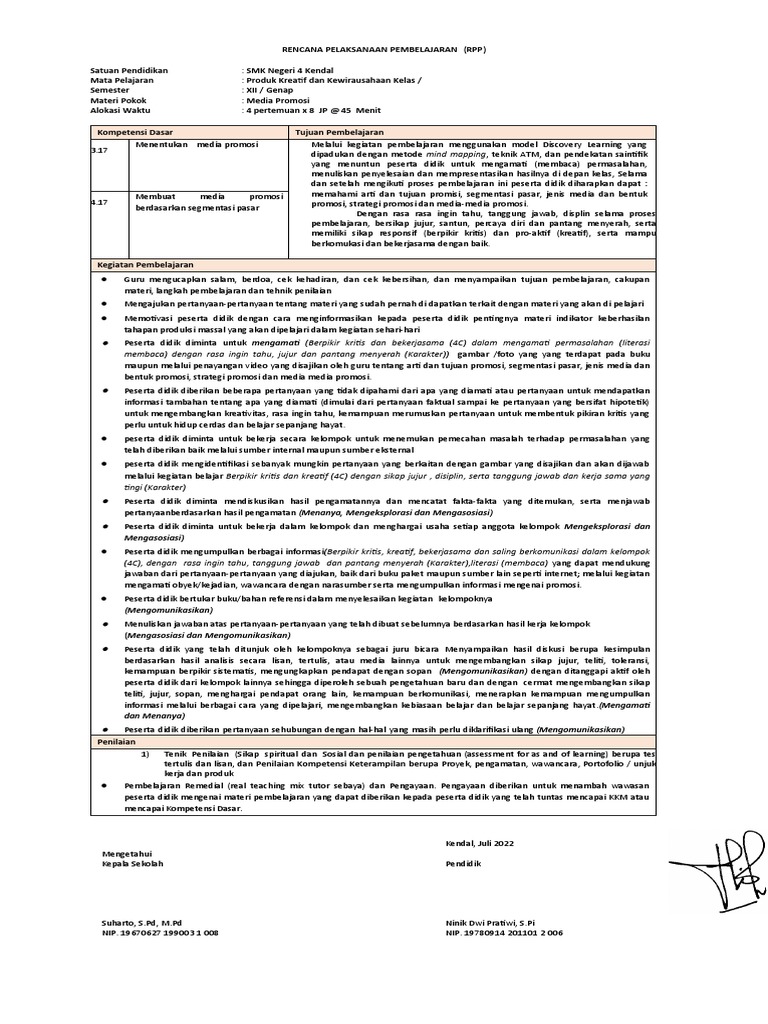 RPP Media Promosi Produk Kreatif Dan Kewirausahaan | PDF
