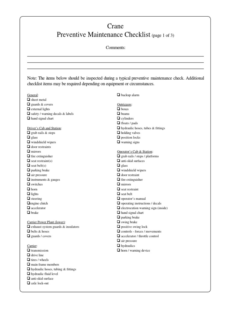 Crane Preventive Maintenance Checklist: (Page 1 of 3) | PDF | Crane ...