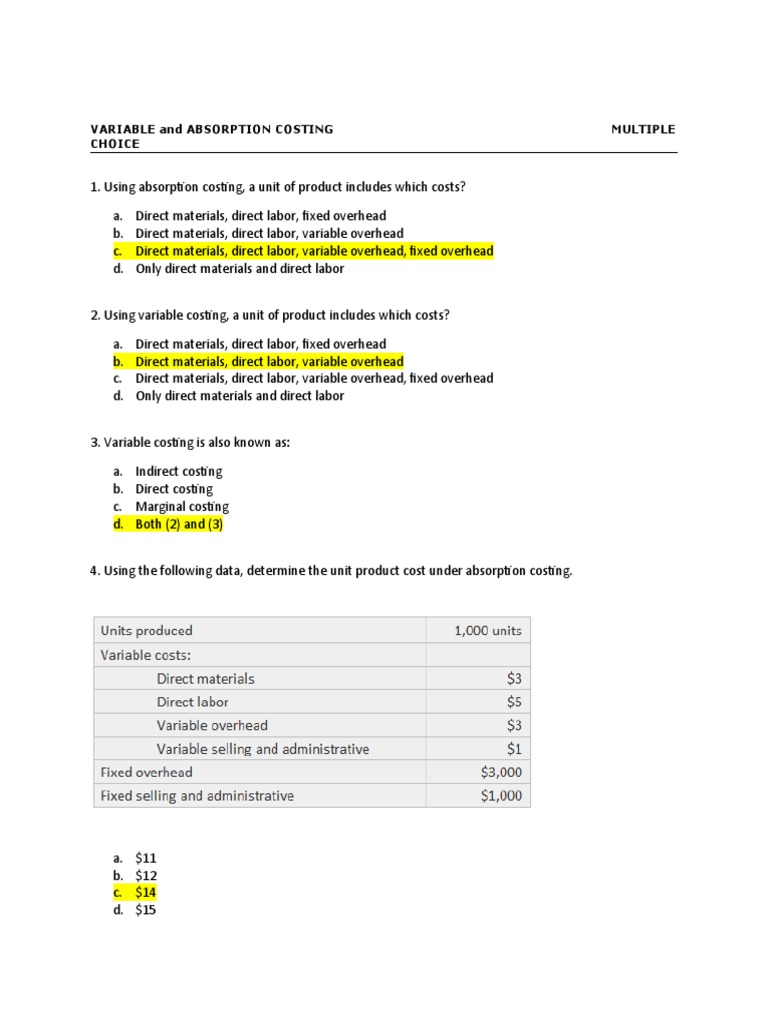 Variable and Absorption Costing Multiple Choice | PDF | Inventory | Economics