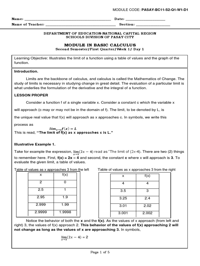 Module in Basic Calculus: MODULE CODE: PASAY-BC11-S2-Q1-W1-D1 | PDF | Function (Mathematics ...