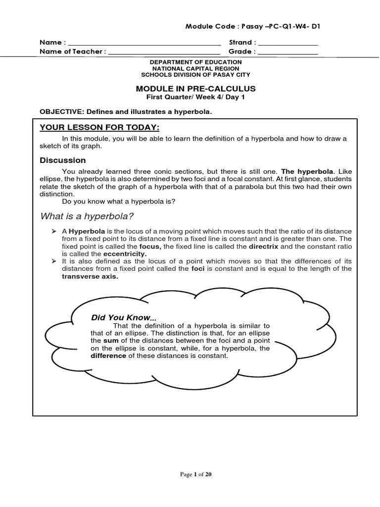 Module in Pre-Calculus: What Is A Hyperbola? | PDF | Euclidean Geometry ...