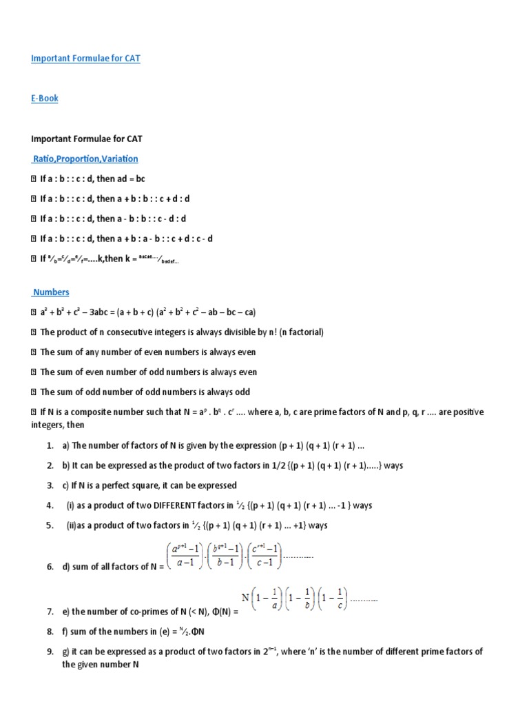 Important Formulae For CAT: Ratio, Proportion, Variation | PDF | Area ...