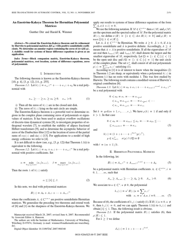 (DIRR and WIMMER) An Enestrom-Kakeya Theorem For Hermitian Polynomial ...