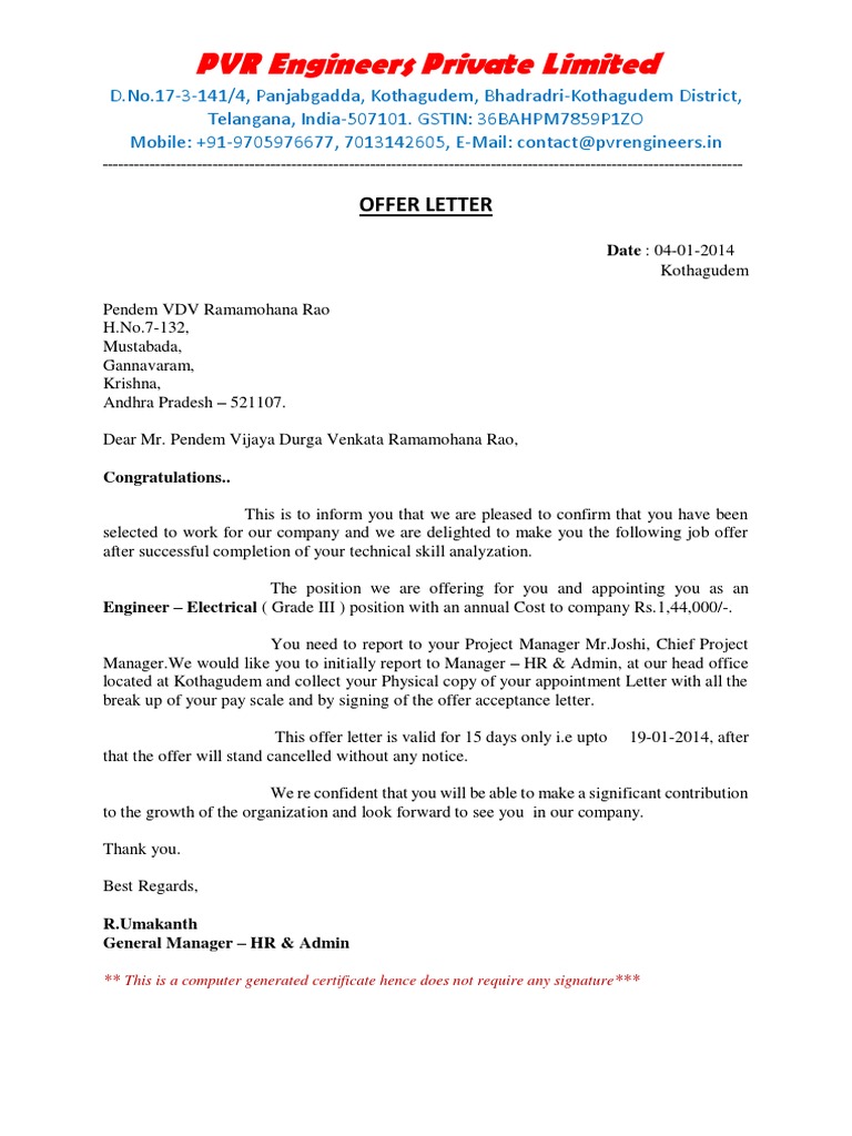 PVR Engineers Private Limited: Offer Letter | PDF