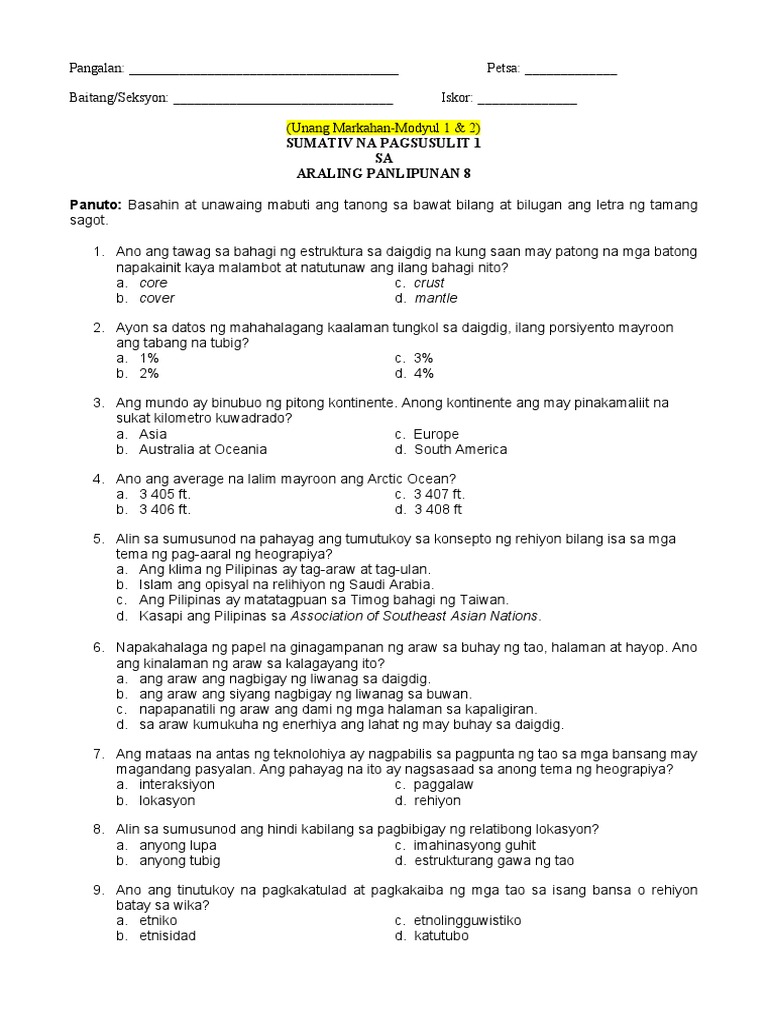Sumativ Na Pagsusulit 1 SA Araling Panlipunan 8 Panuto: Basahin at Unawaing Mabuti Ang Tanong Sa ...