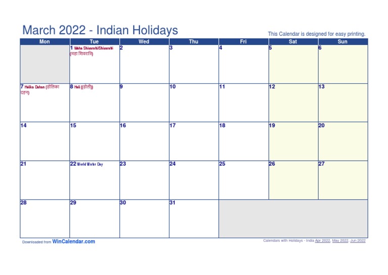 March 2022 - Indian Holidays: Mon Tue Wed Thu Fri Sat Sun | PDF