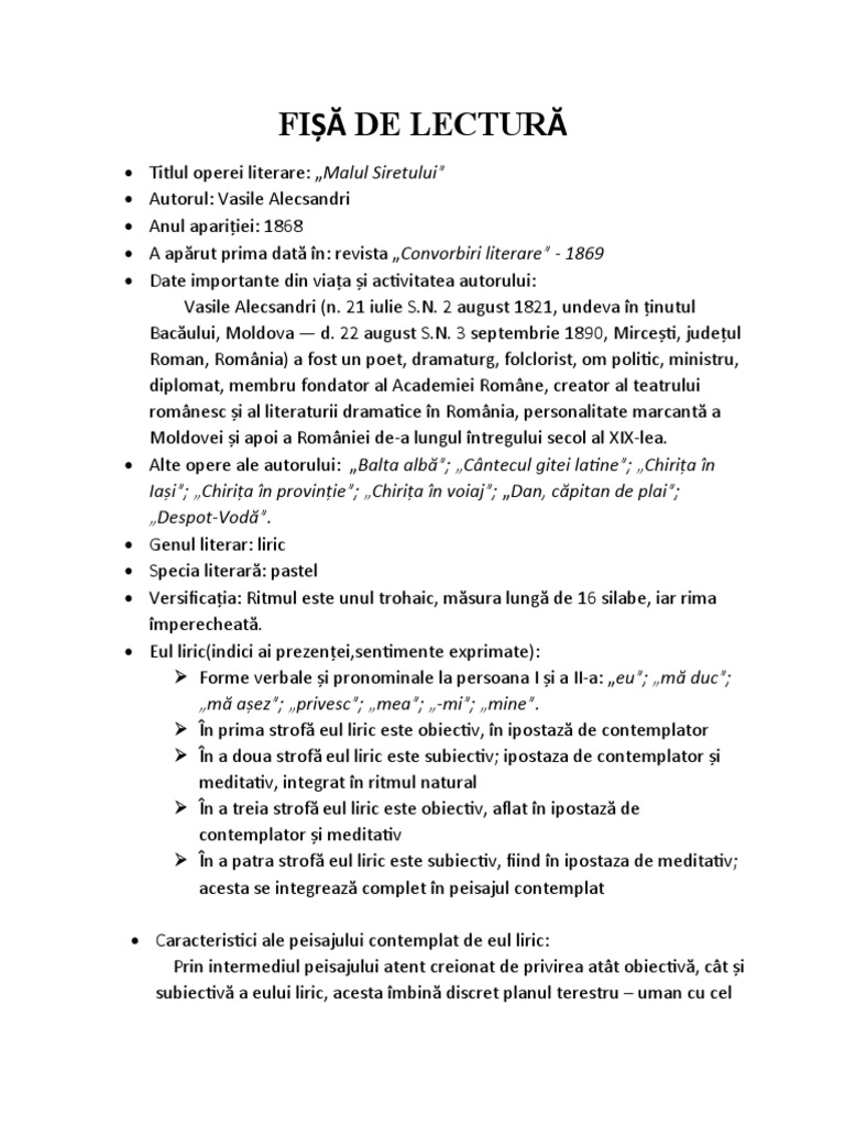 Fisa de Lectura Malul Siretului | PDF