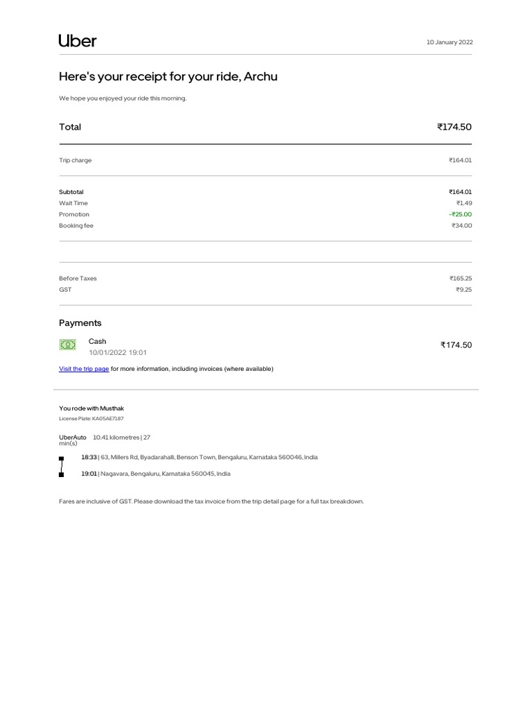 Uber Ride Receipt for Archu | PDF