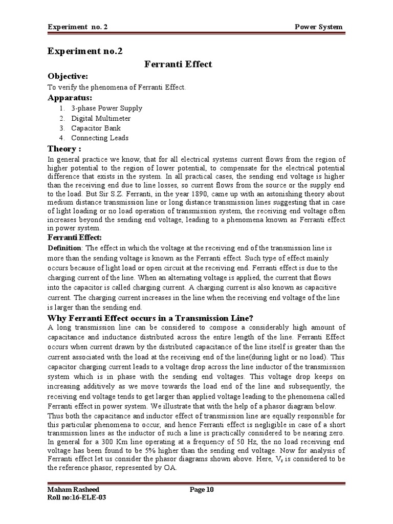 Experiment No.2 Ferranti Effect: Objective: Apparatus | PDF | Capacitor ...