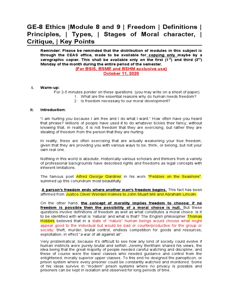 GE-8 Ethics - Module 8 and 9 - Freedom - Definitions - Principles, - Types, - Stages of Moral ...