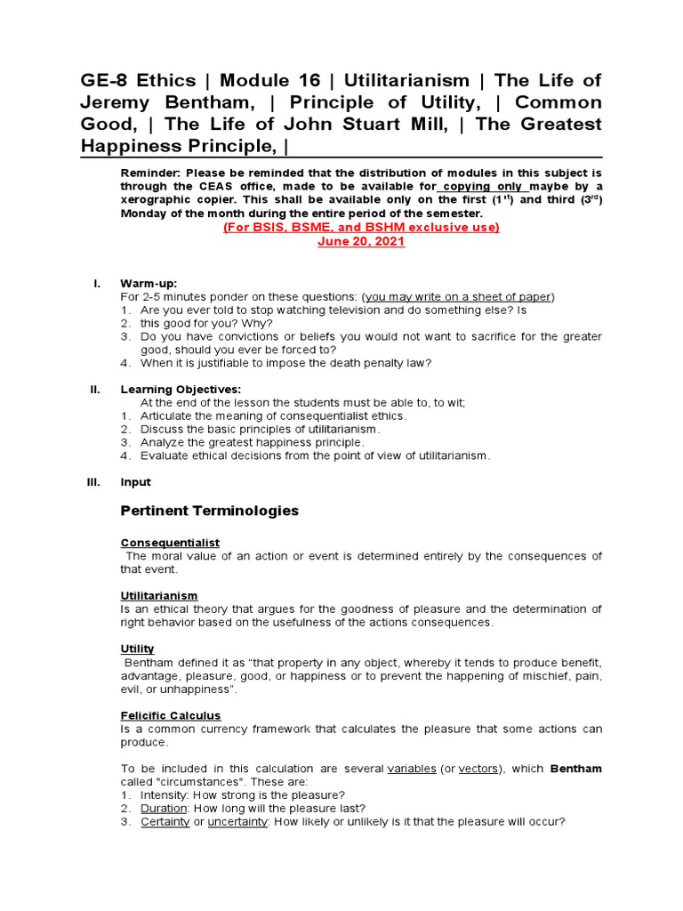 An Analysis of Utilitarian Ethics Through the Works of Jeremy Bentham ...