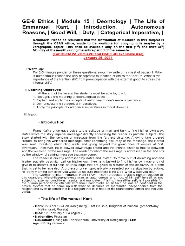 GE-8 Ethics - Module 15 - Deontology - The Life of Emmanuel Kant ...