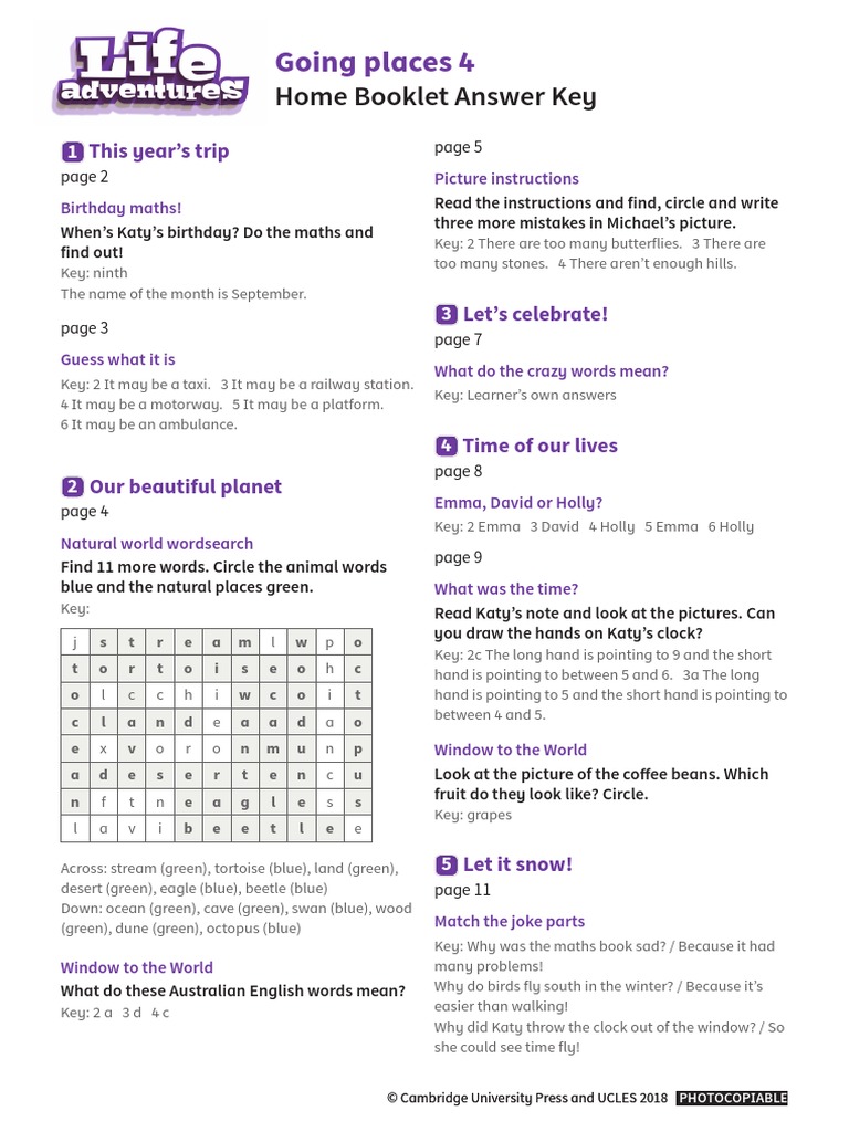 Going Places 4: Home Booklet Answer Key | PDF