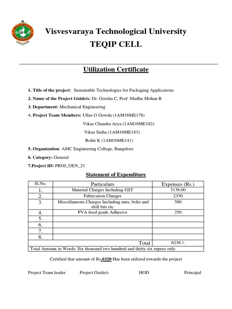 VTU TEQIP Utilization Certificate Sustainable Packaging Project | PDF