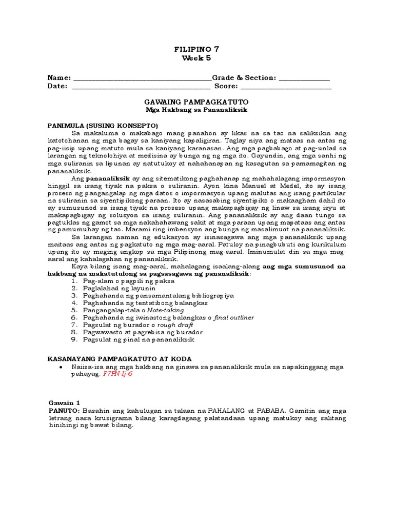 FILIPINO 7-Week 5 | PDF