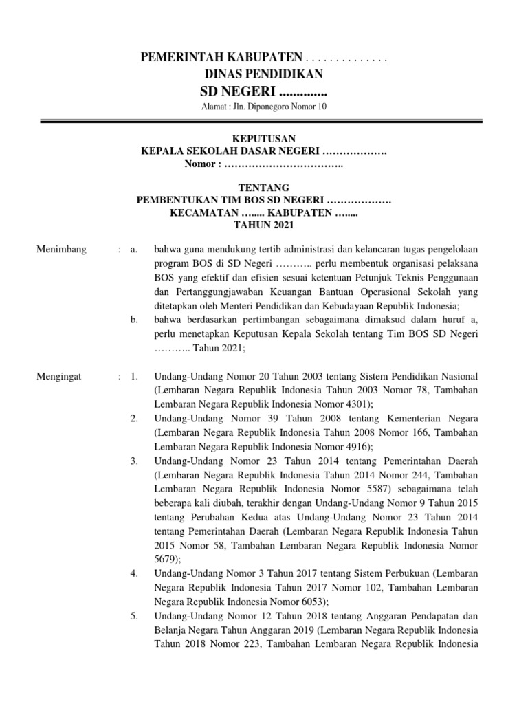 Contoh SK TIM BOS Reguler Tahun 2021 (WWW - Informasiguru) 1 | PDF