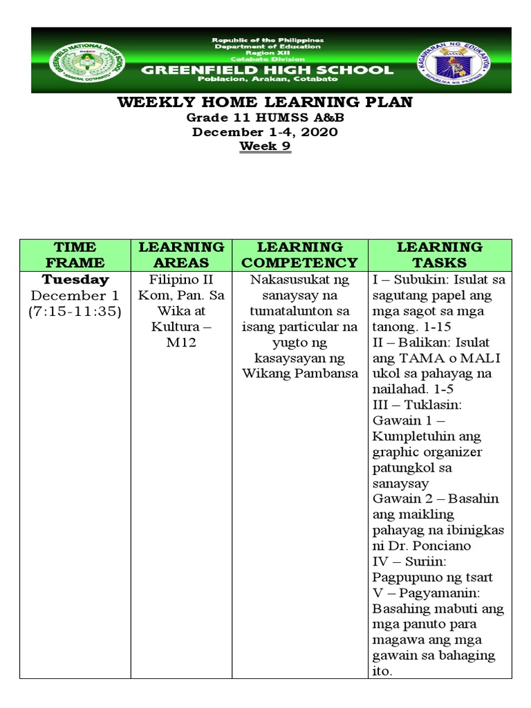 Weekly Home Learning Plan: Time Frame Learning Areas Learning Competency Learning Tasks Tuesday ...