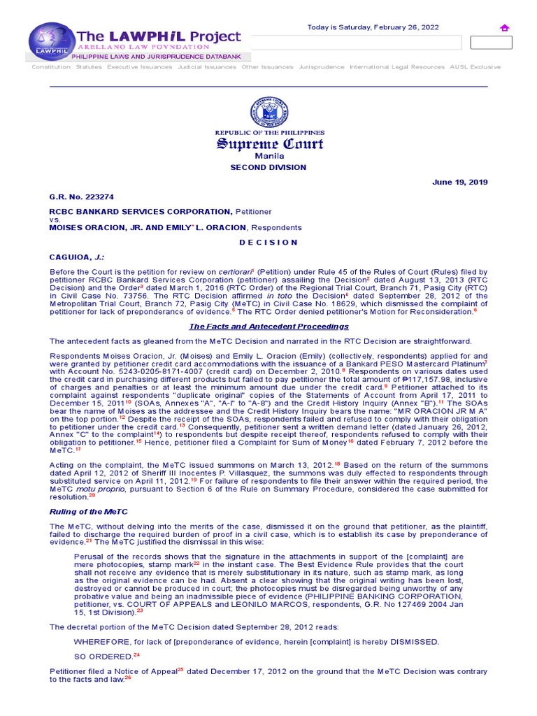 05 RCBC Bankard Services Corp. v. Oracion | PDF | Affidavit | Complaint