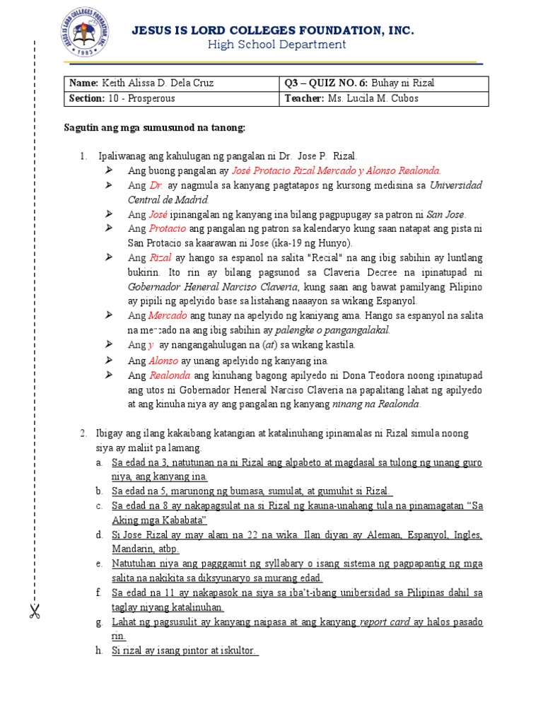 Filipino - q3 - Quiz No. 6 (Ang Buhay Ni Rizal) - Dela Cruz, Keith ...