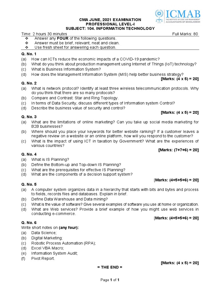 104.ITP .L I Question CMA June 2021 Exam. | PDF | Internet Of Things ...