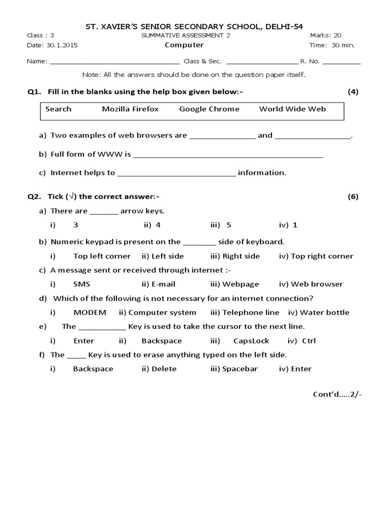 ICSE Class 3 Annual Exam Model Question Paper 1 - COMPUTER SCIENCE ...