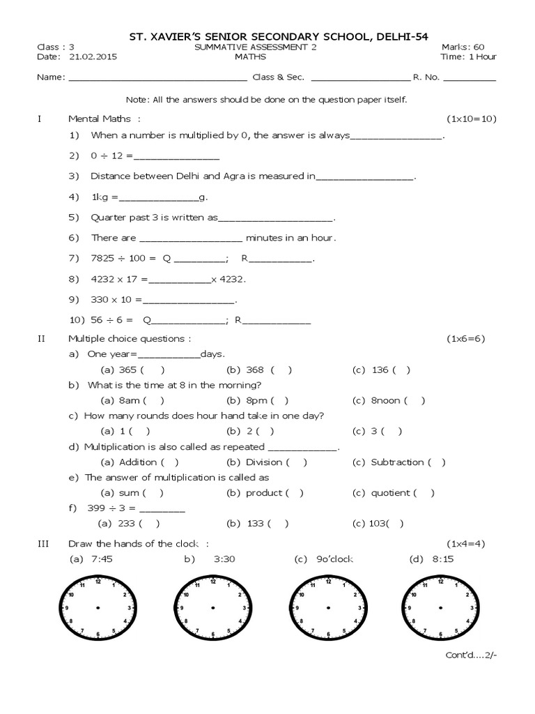 Icse Class 3 Annual Exam Model Question Paper 2 Maths Pdf