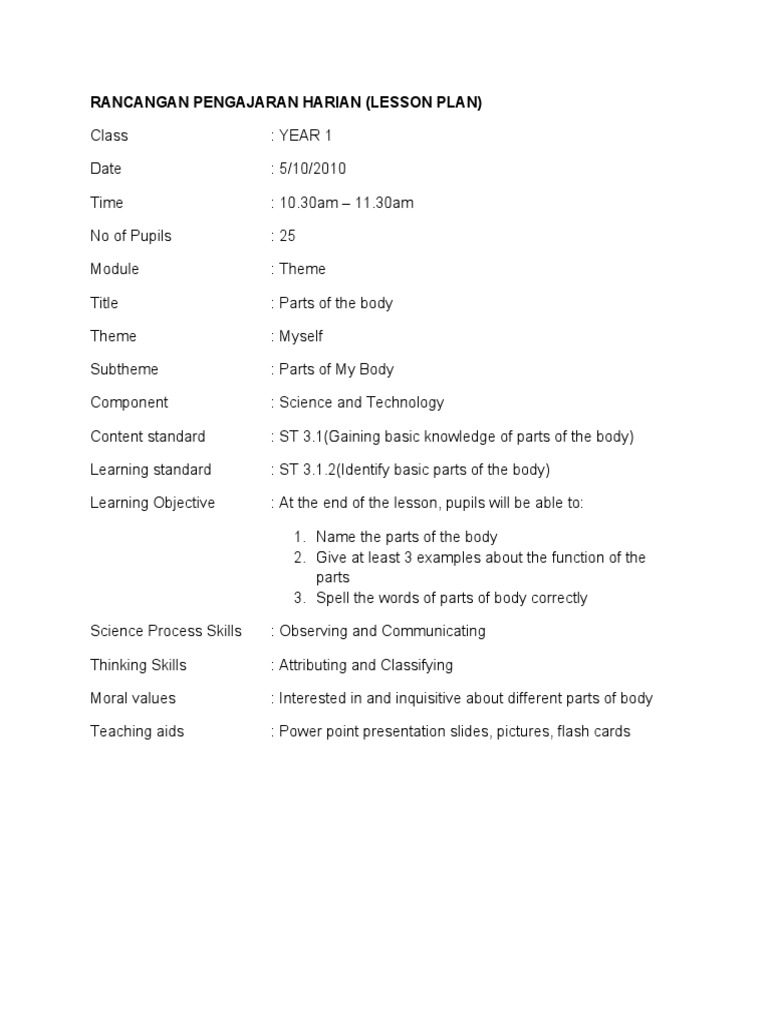 Rancangan Pengajaran Harian (Lesson Plan) | PDF | Teachers | Learning