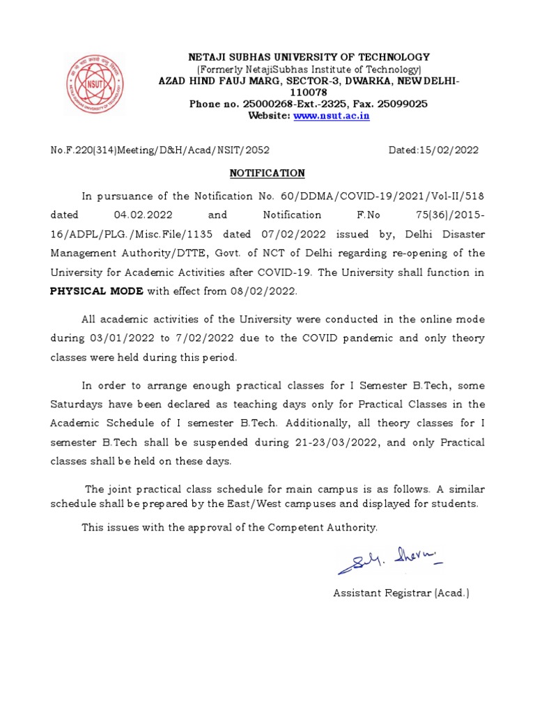 Schedule for Practical Classes and Joint Practical Class Timings for I ...